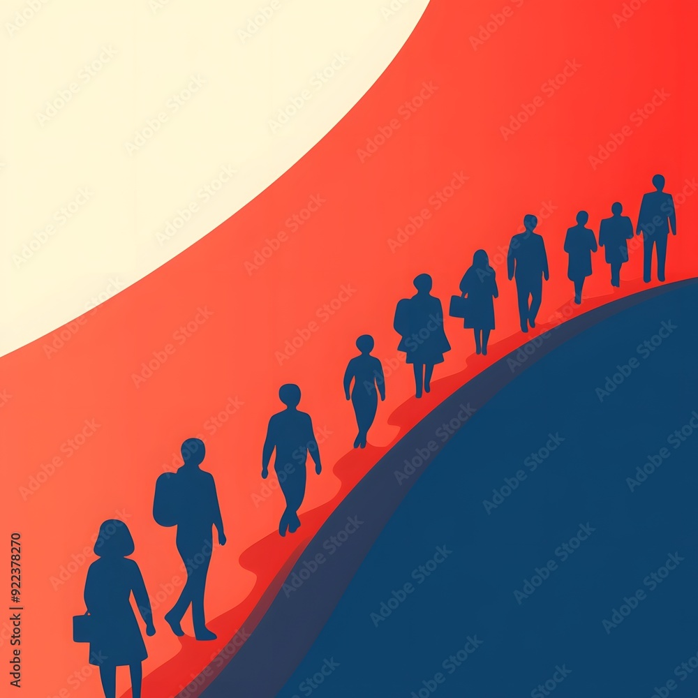 Silhouettes of people walking uphill towards a bright future. Red and ...