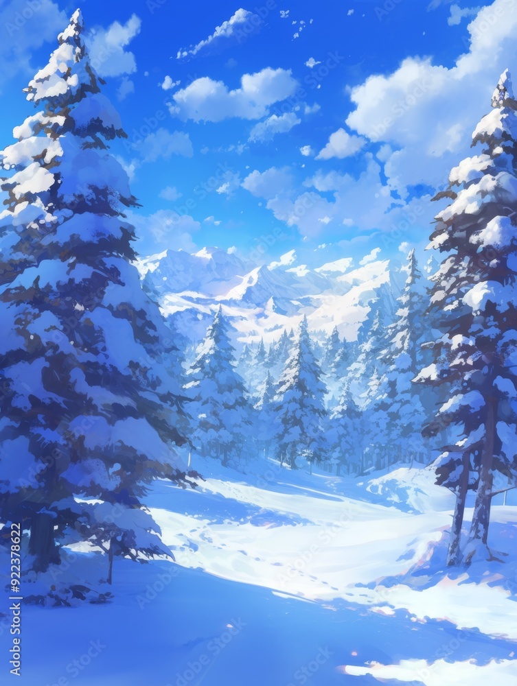 Fantasy winter wonderland, anime style, fantasy anime style, a pine ...