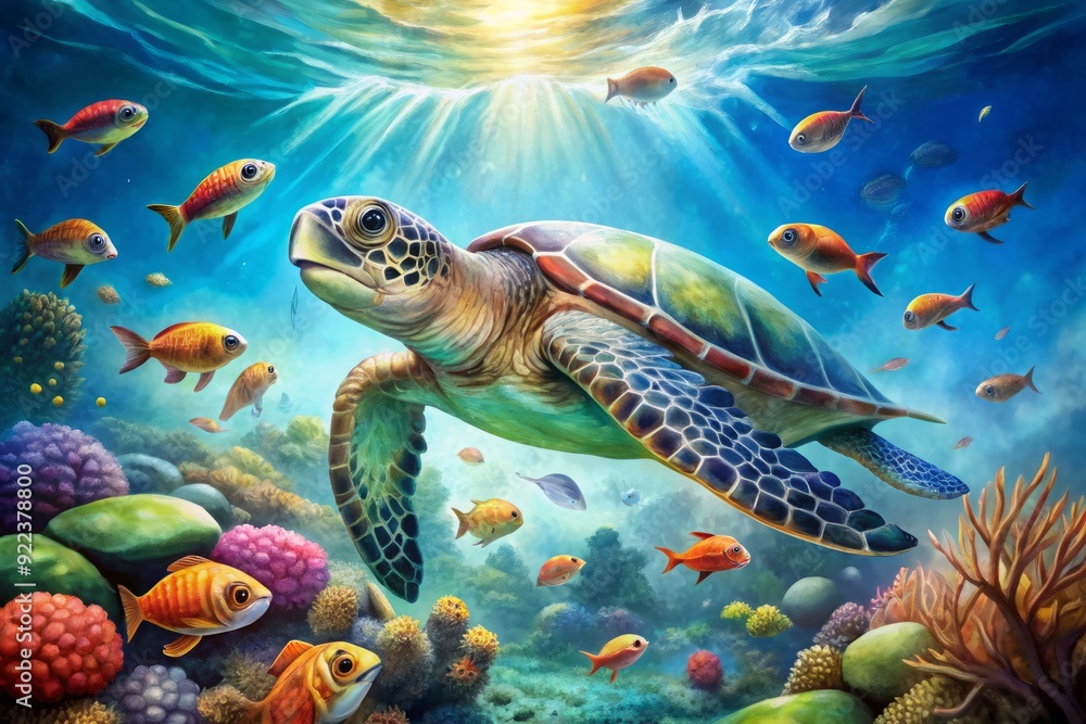 Vibrant large-scale watercolor painting of a majestic sea turtle ...