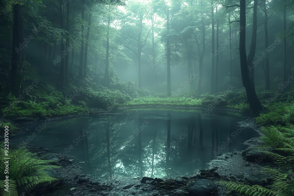 misty primordial rainforest with towering ancient trees and verdant ...