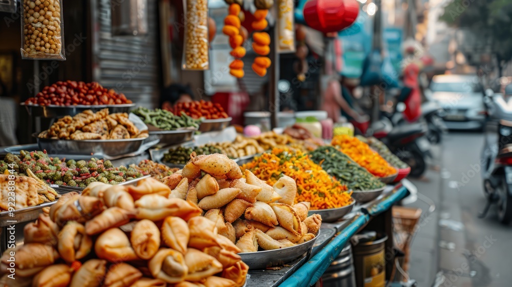 Indian street food cart with an assortment of savory snacks like ...