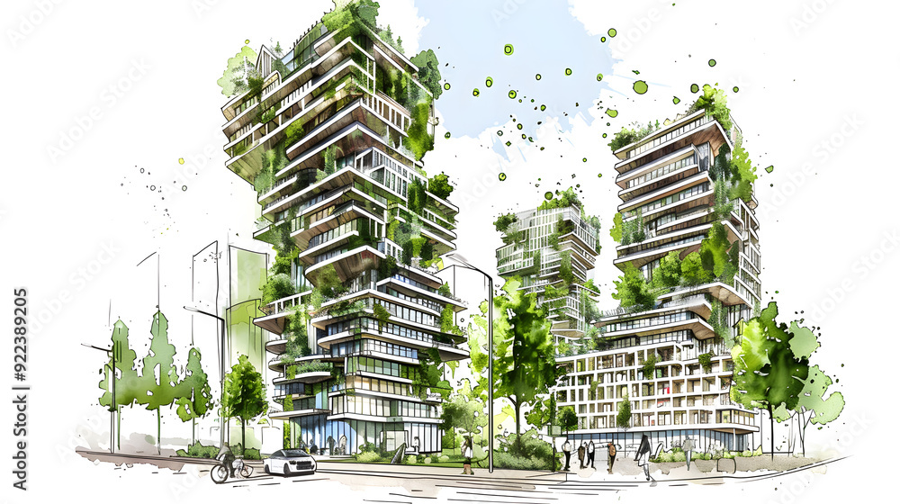 watercolor sketch of green urban development with eco-friendly ...