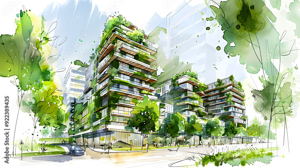watercolor sketch of green urban development with eco-friendly ...