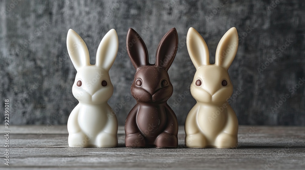 Three chocolate bunnies, a white bunny on the left in a solid colour, a ...