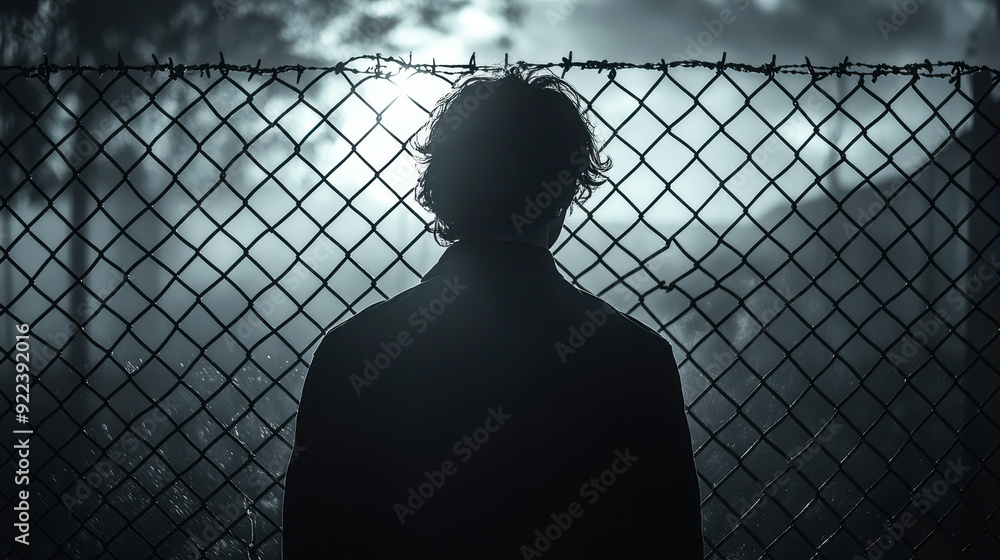 Silhouette of Sad Man Behind Fence in Foggy Setting, Mental Health ...