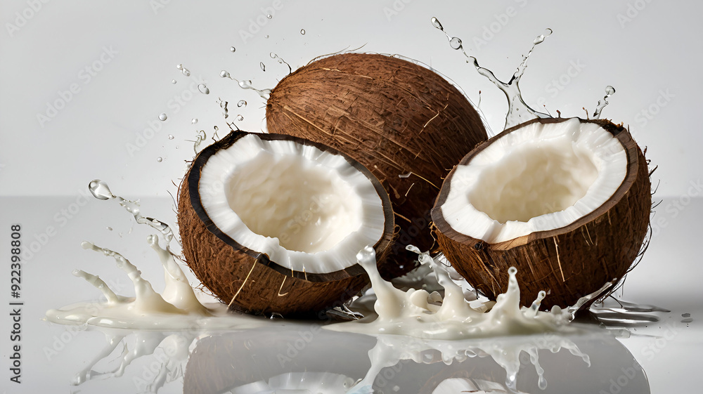 Coconut, water splash, tropical palm leaves, tropical drink, white ...