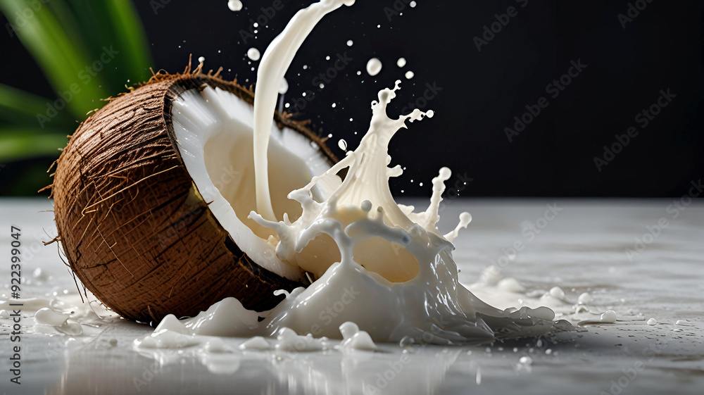Coconut, water splash, tropical palm leaves, tropical drink, white ...