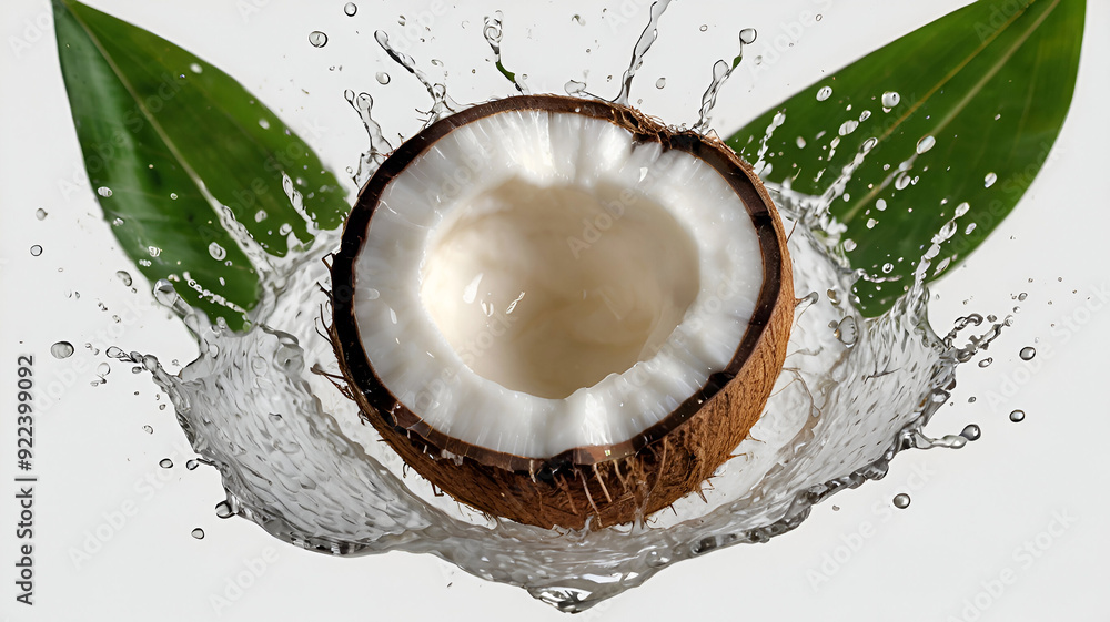 Coconut, water splash, tropical palm leaves, tropical drink, white ...