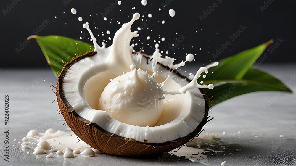 Coconut, water splash, tropical palm leaves, tropical drink, white ...