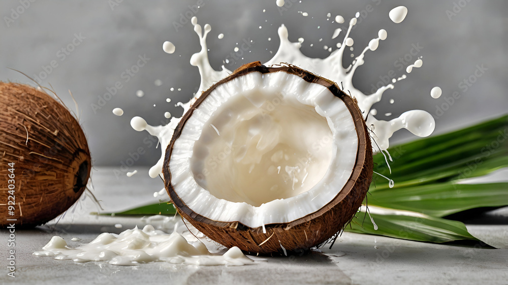 Coconut, water splash, tropical palm leaves, tropical drink, white ...
