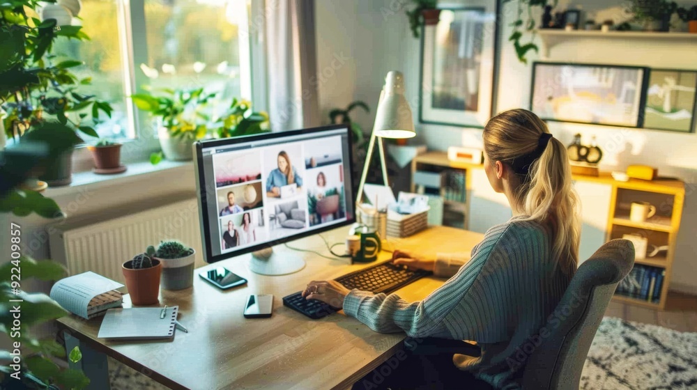 Depict a remote worker engaging in a video conference from a bright ...