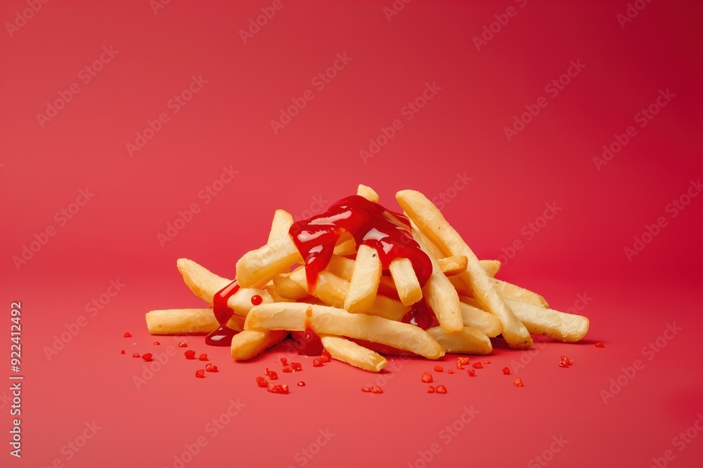 Crispy french fries with vibrant ketchup on red background, showcasing ...