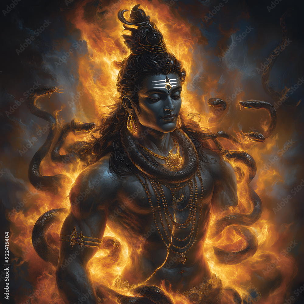 Lord Shiva, surrounded by coiling snakes, symbolizing divine serenity ...