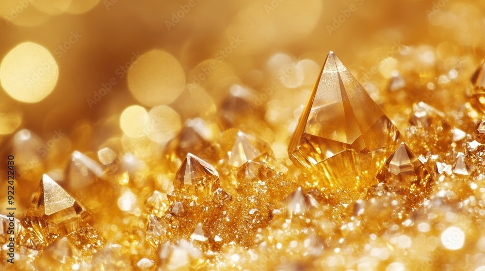 Crystals made of transparent gold standing out a golden background ...