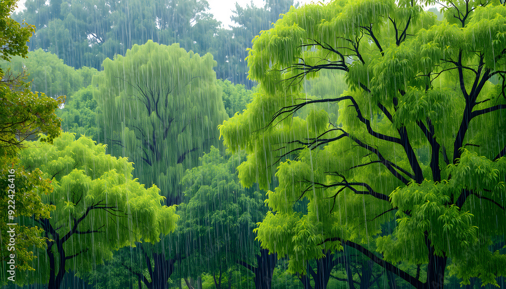 Heavy shower down pour rain over public green space park and woodland ...