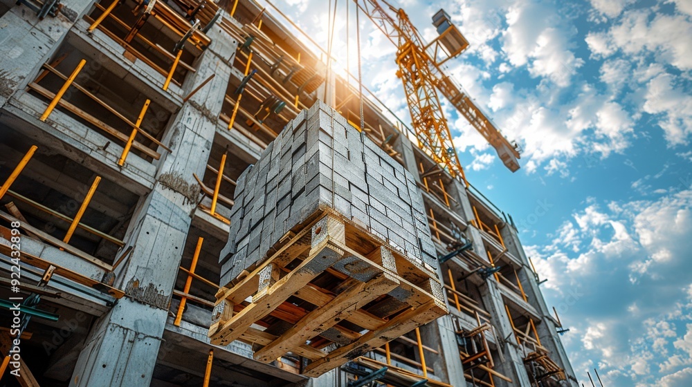 Depict a crane lifting heavy steel beams into place while forklifts ...