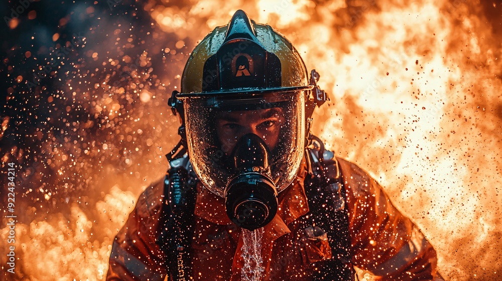 Firefighter in protective gear facing intense flames with water ...