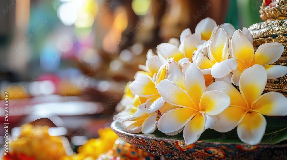 Frangipani Flowers on a Temple Altar: Frangipani flowers arranged on a ...