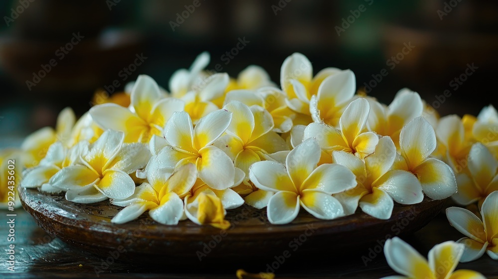 Frangipani Flowers on a Temple Altar: Frangipani flowers arranged on a ...
