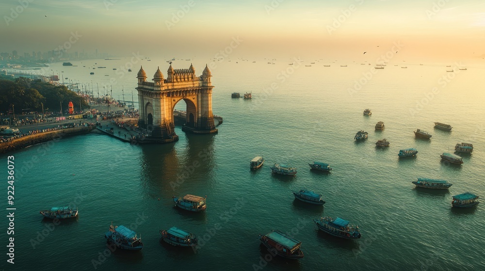 Gateway of India with Boats: The Gateway of India with boats floating nearby in the Arabian Sea ...