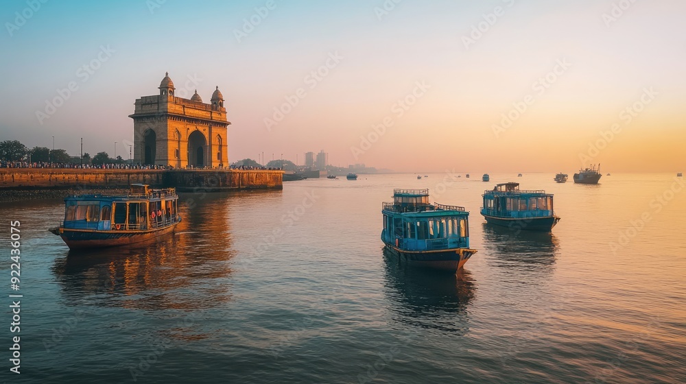 Gateway of India with Boats: The Gateway of India with boats floating nearby in the Arabian Sea ...
