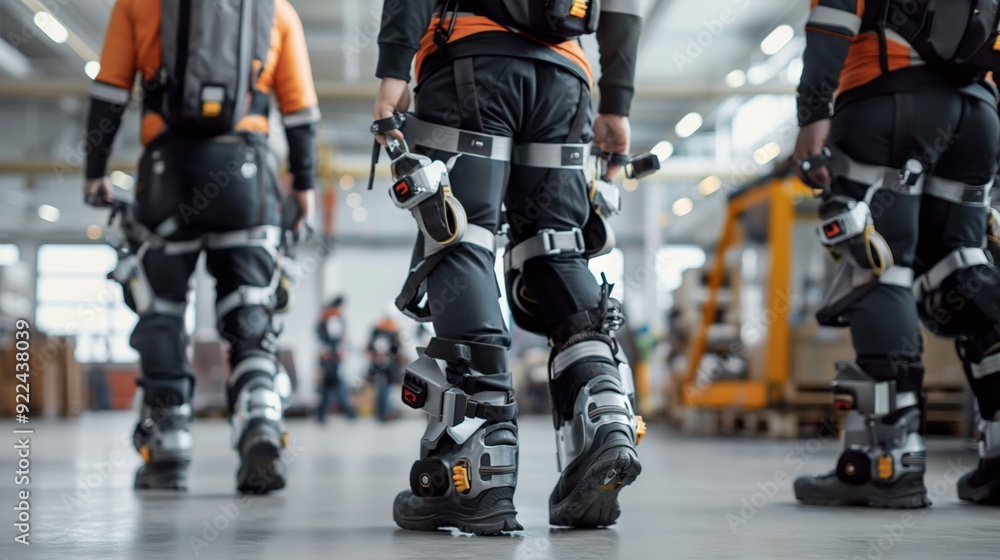 Industrial workers wearing robotic exoskeleton suits in a manufacturing ...