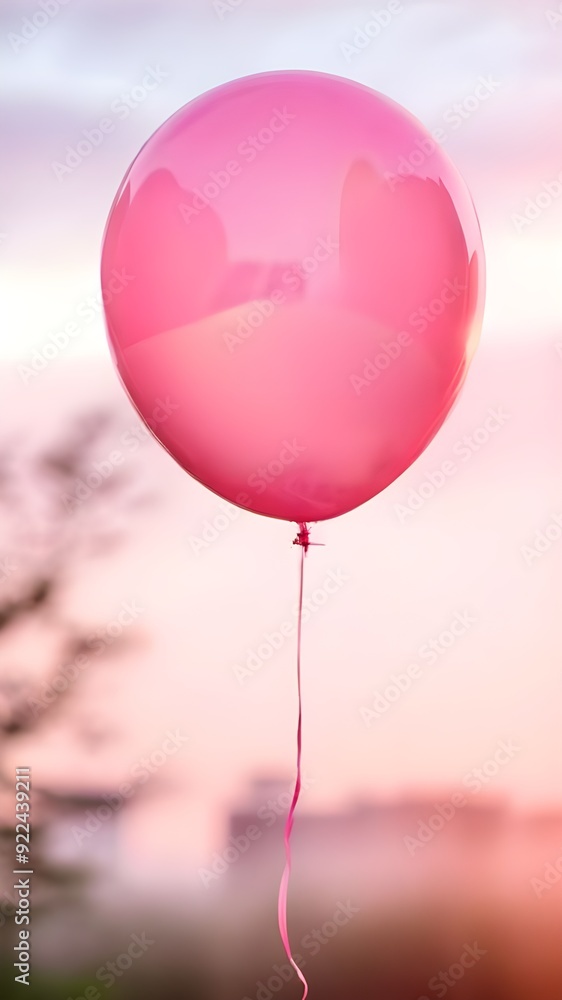 Balloon with ribbon thread floating against a blurred nature background ...