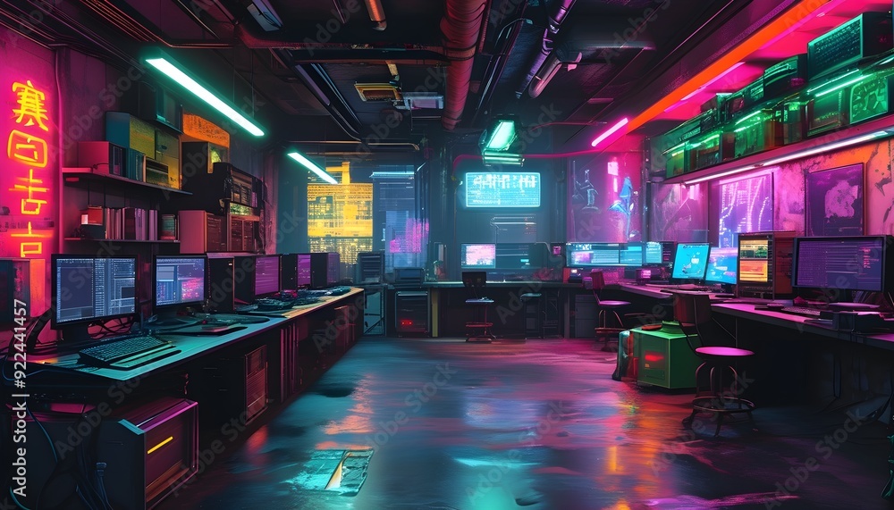 The network control room is full of technology, with brilliant light ...