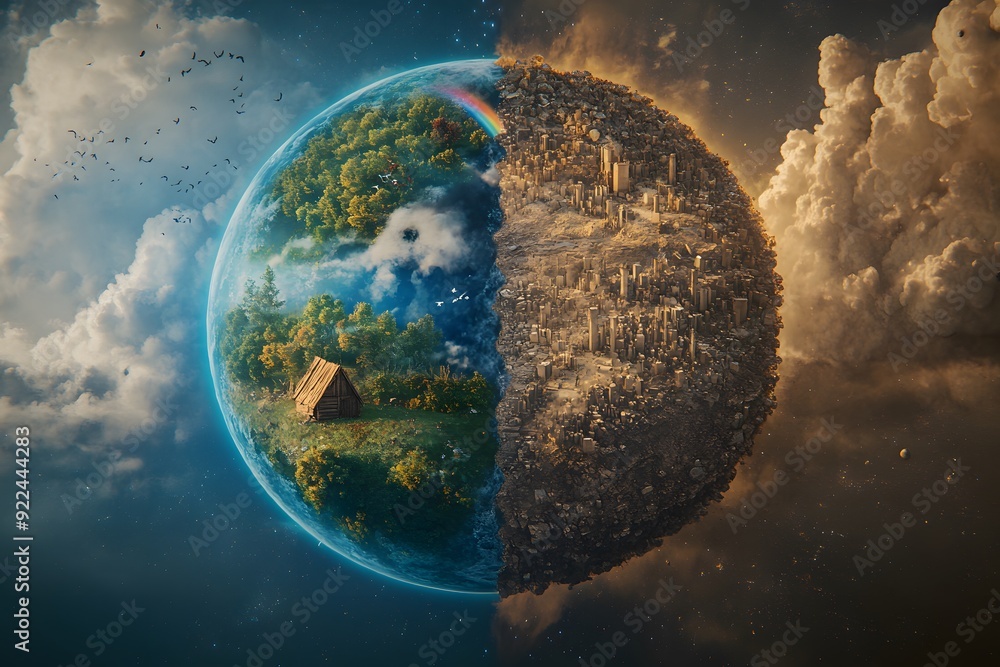 A spherical representation of Earth divided into two, one a clean world ...