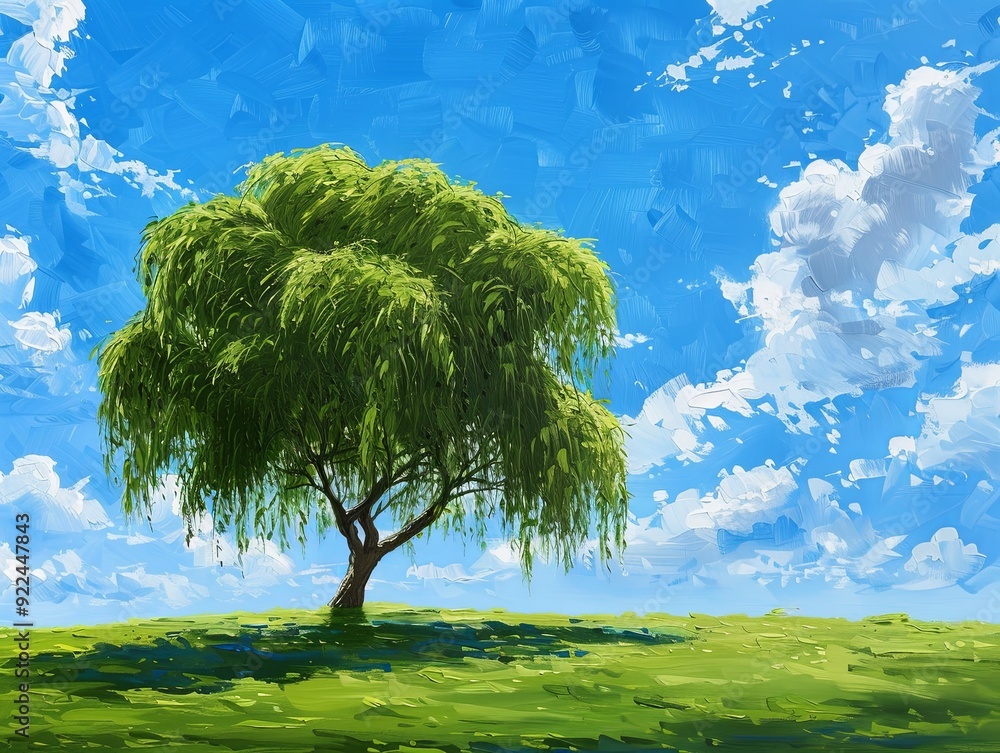 A single willow tree on a lush green field under a pristine blue sky ...