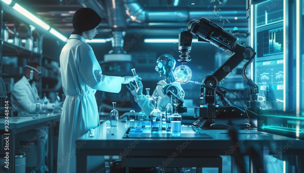 A futuristic research lab where scientists and AI collaborate on ...