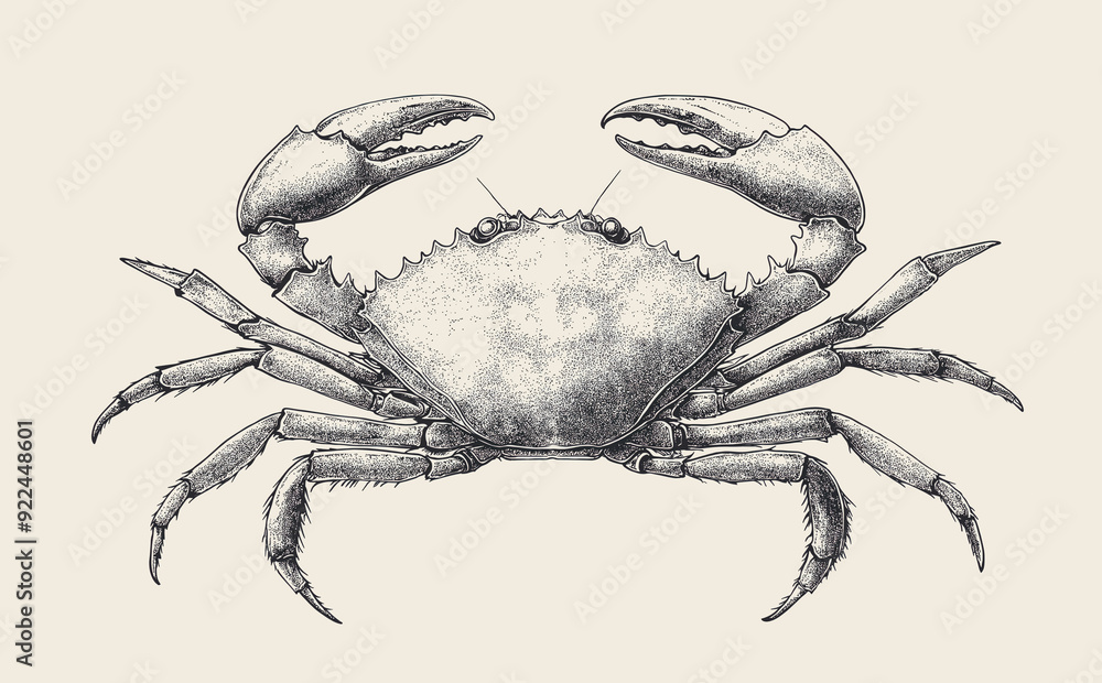 Seafood, crab. Vintage retro print, black white seafood crab sketch ink ...