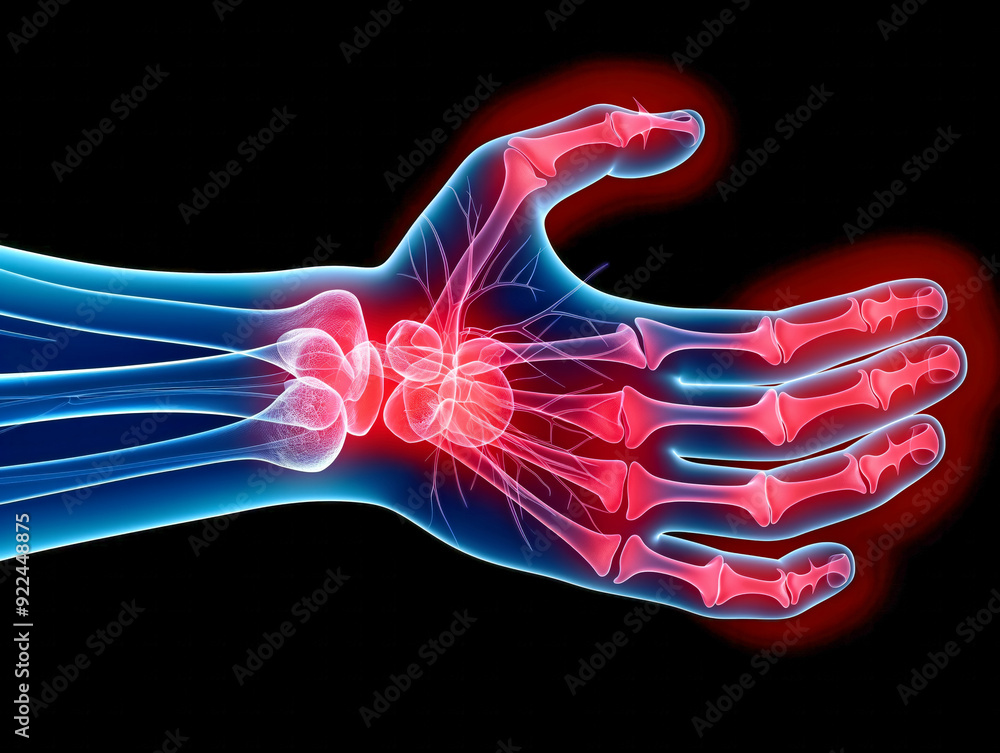 A hand with red and blue bones and joints. The hand is in a position ...