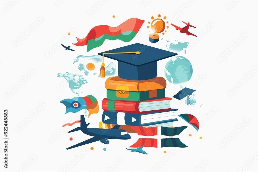 Study abroad concept design of graduation cap, airplane and world ...