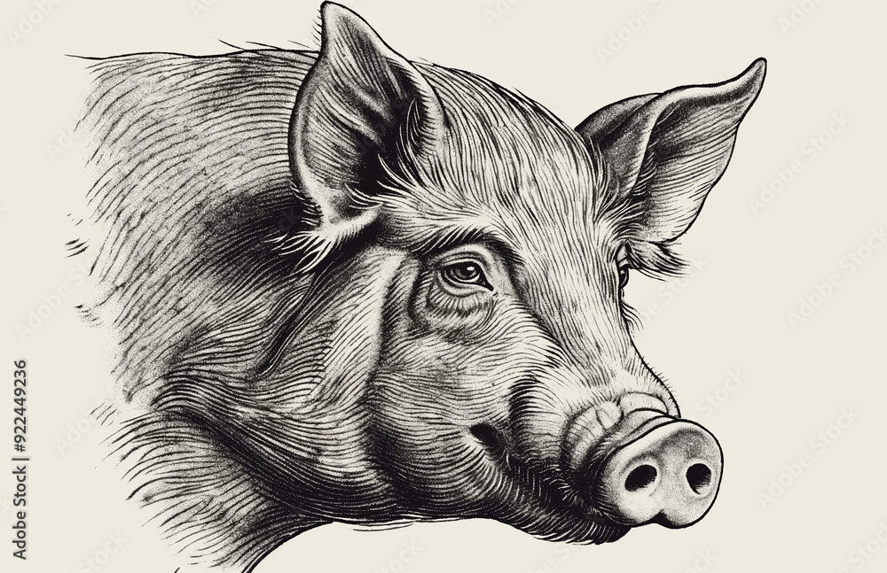 Pig, hog, boar. Vintage retro print, black white pig sketch ink pencil ...