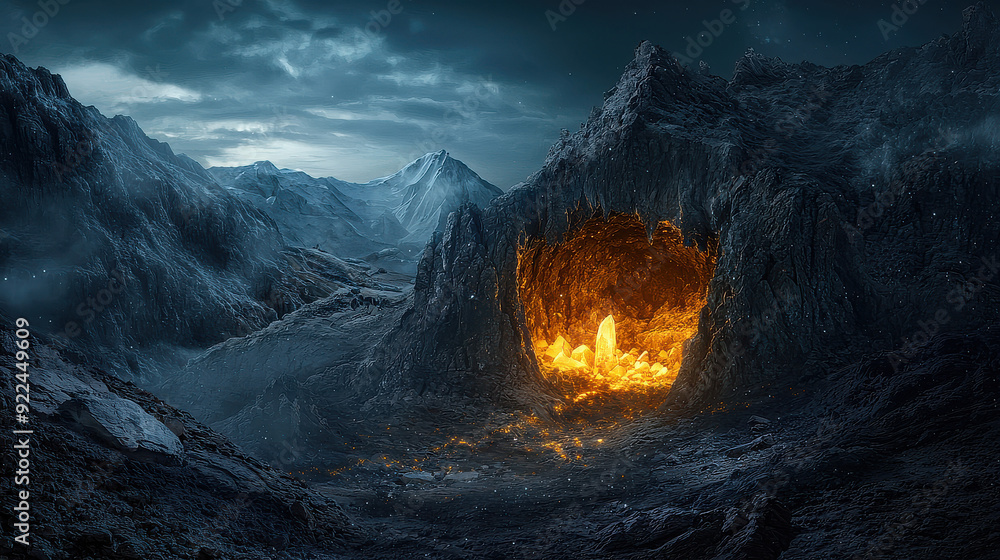 An awe-inspiring scene depicts a dark, rugged landscape leading to a ...