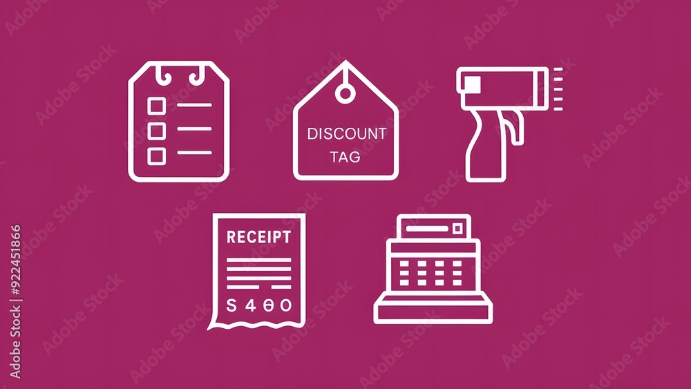 2D icons of a pricing machine, menu, cash register, reject sheet and ...