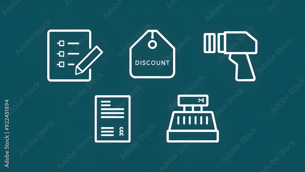 2D icons of a pricing machine, menu, cash register, reject sheet and ...