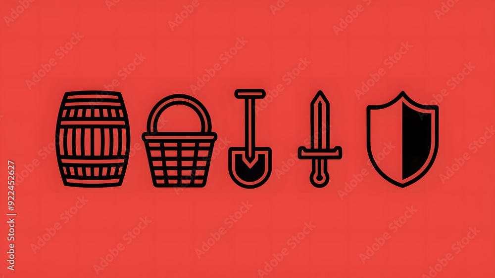 2D icon of a barrel, basket, shovel, sword and shield separated on a ...