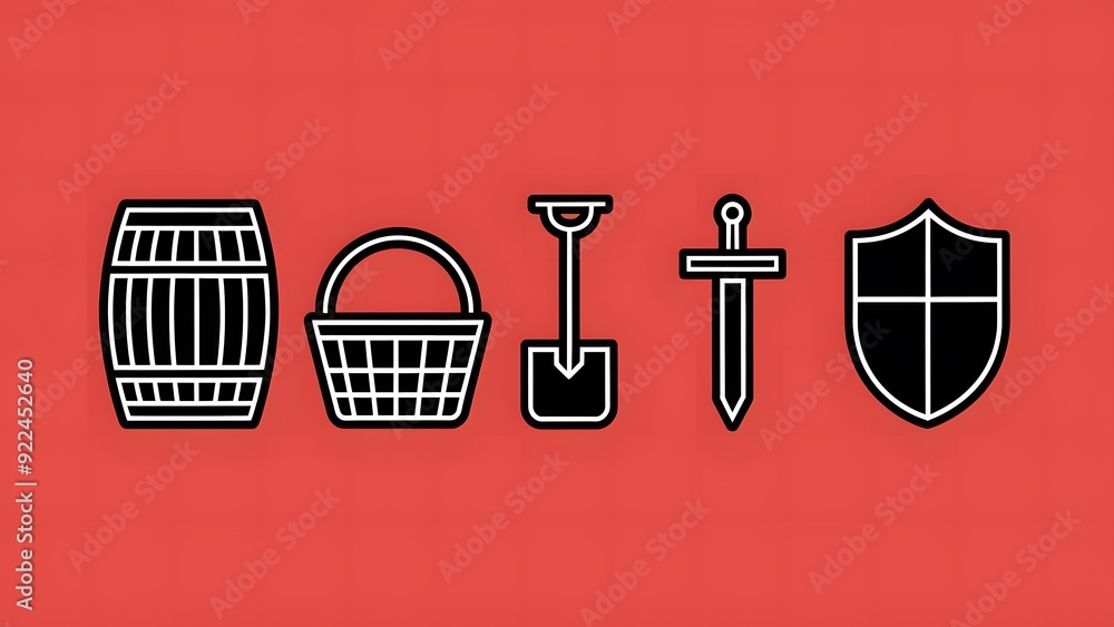 2D icon of a barrel, basket, shovel, sword and shield separated on a ...