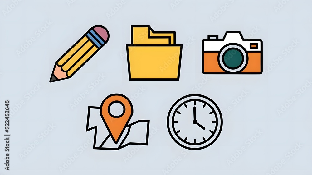 2D icons of pen, folder (file), camera, location marker and clock ...