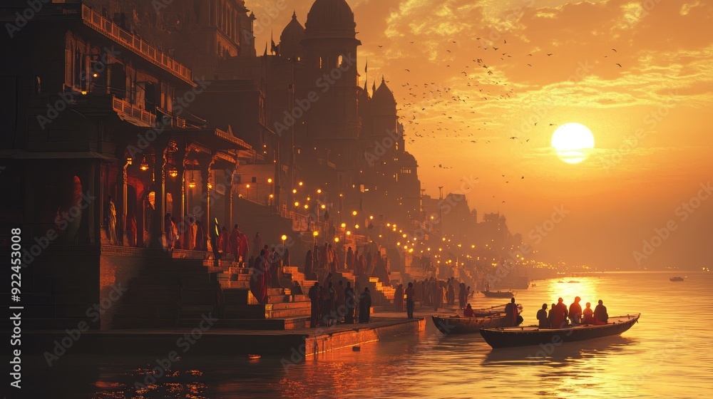 Varanasi Ghats at Sunset: The ghats of Varanasi with people performing ...