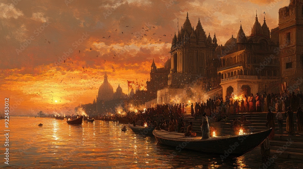 Varanasi Ghats at Sunset: The ghats of Varanasi with people performing ...