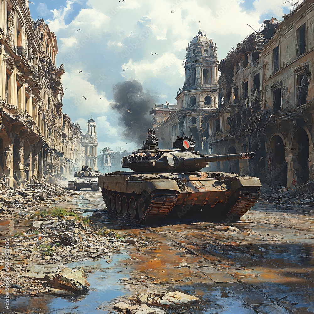 City Square: A tank stationed in the middle of a war-torn city square ...