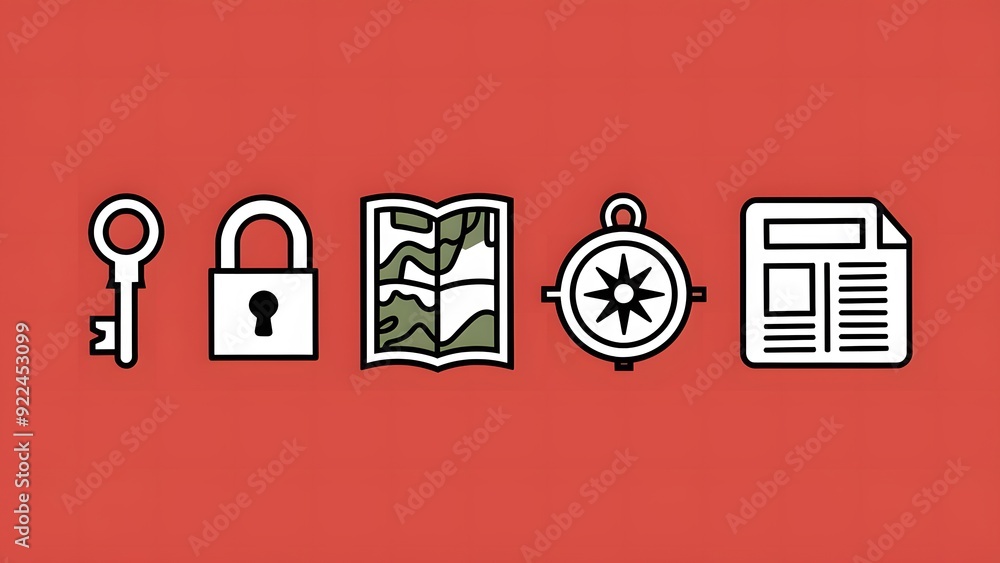 2D icon of a key, lock, map, compass and separate newspaper on a bright ...