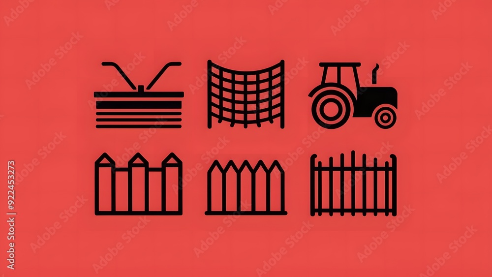 2D icon of a plow, net, tractor, wall and barrier separated on a bright ...