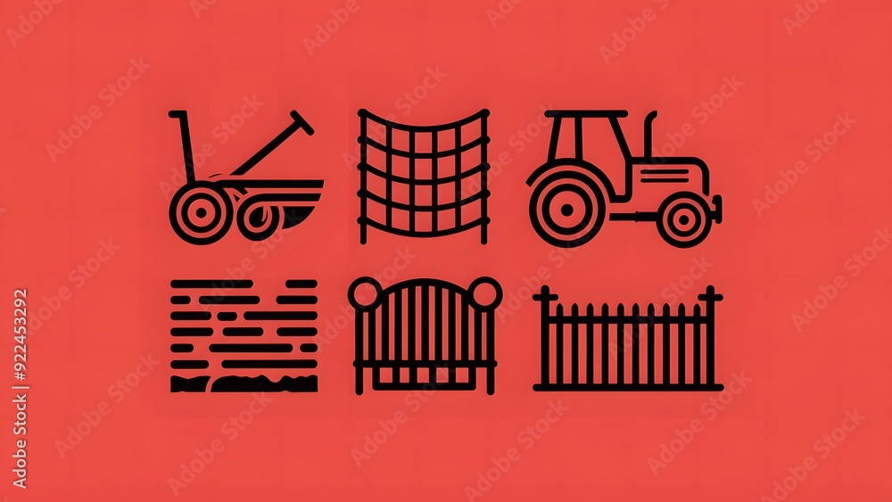 2D icon of a plow, net, tractor, wall and barrier separated on a bright ...