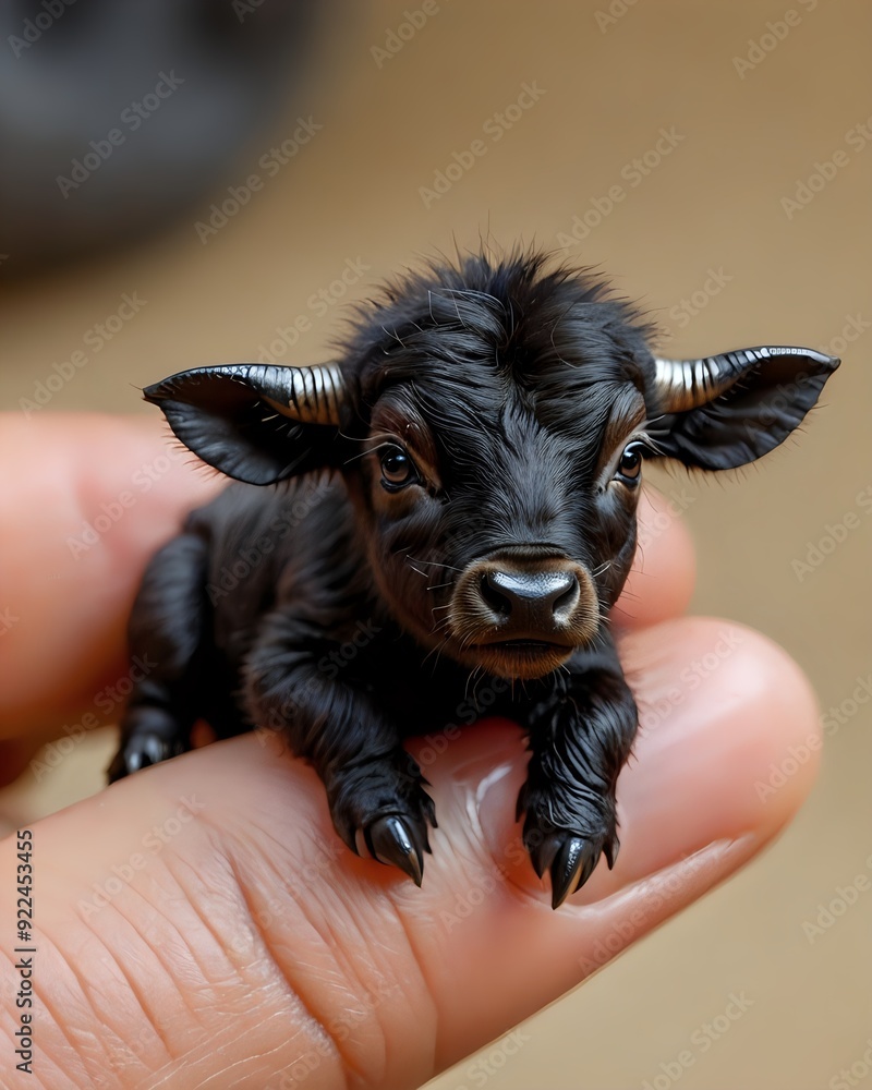 Tiny black calf with white markings on horns resting in a human hand ...