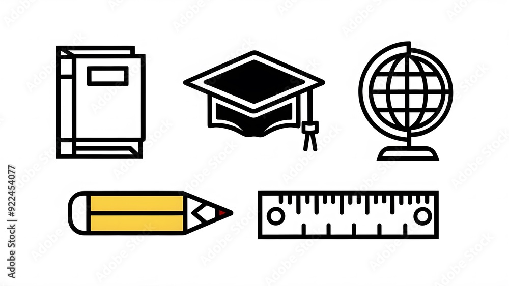 2D icon of pen, graduation cap, ruler, books and globe separated on ...