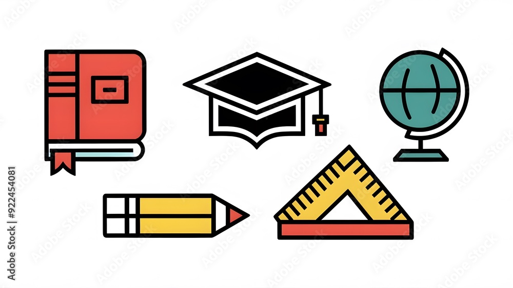 2D icon of pen, graduation cap, ruler, books and globe separated on ...